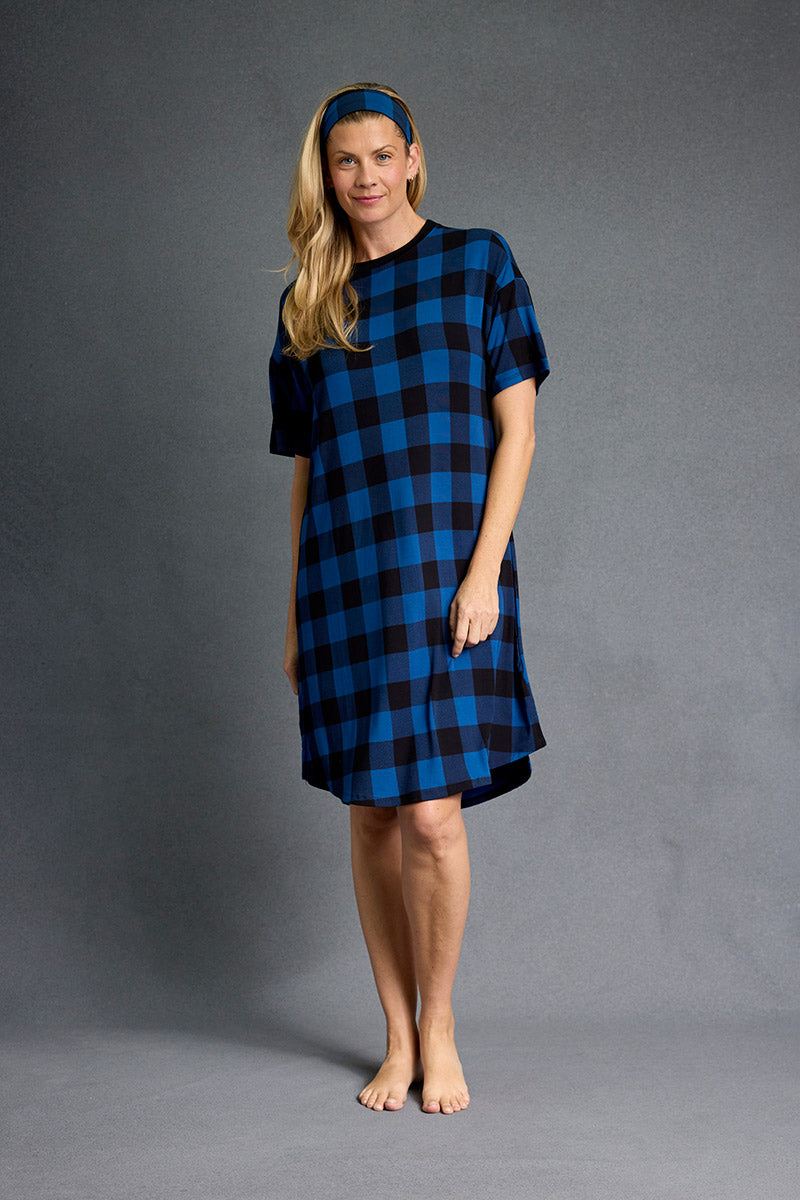 Bamboo Oversized Tee Nightie - Dark Blue Plaid - PJ Short Sleeve Nightie