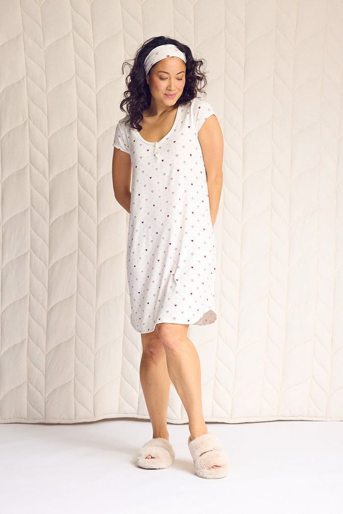 Bamboo Short Sleeve Nightie - Soft Pink Hearts - PJ Nighties