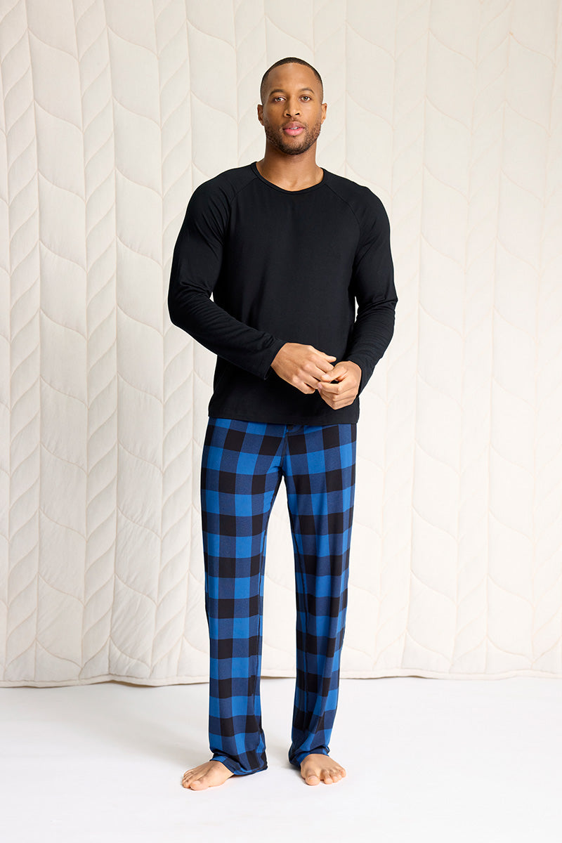 Bamboo Pajama Set: Long Sleeve Shirt + Pajama Pant - Dark Blue Plaid ...